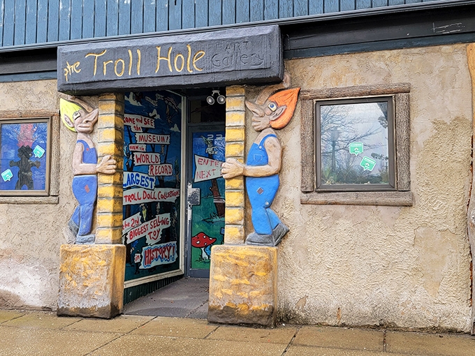 Two giant blue trolls guard this wonderland like friendly bouncers at the world's happiest nightclub.