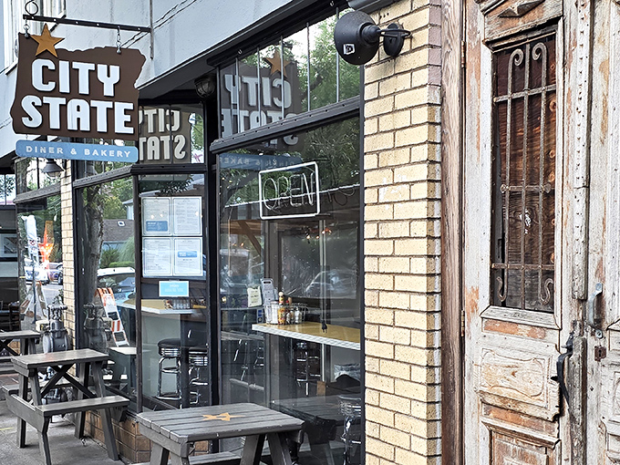 The iconic City State sign beckons hungry Portlanders like a breakfast lighthouse. Yellow brick and weathered wood create that perfect blend of hip and homey.