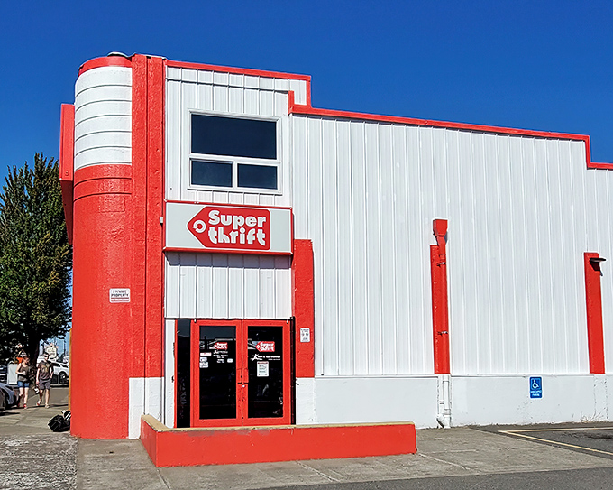 With its retro-modern design, SuperThrift's white and red facade channels the optimistic vibe of mid-century department stores.