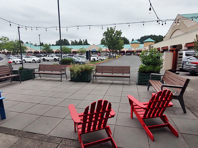 A rainbow arches over Columbia Gorge Outlets, nature's way of saying "Yes, these deals are actually real."