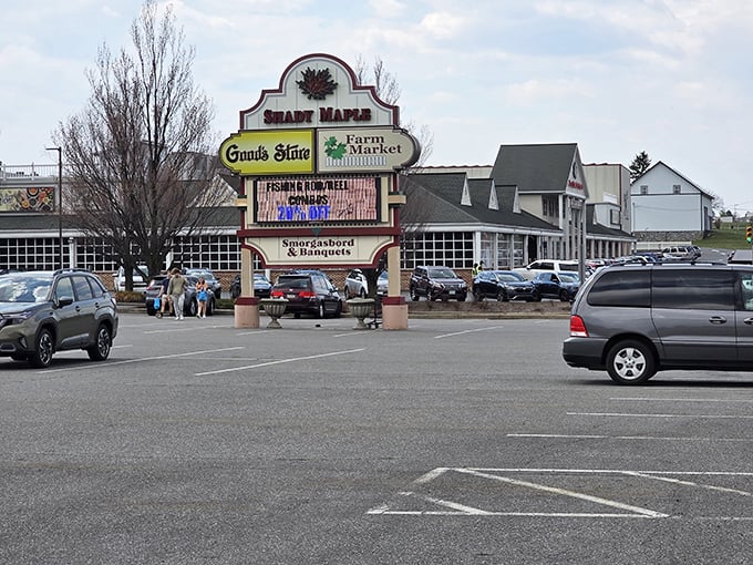 The iconic Shady Maple sign stands like a culinary lighthouse, beckoning hungry travelers from across Pennsylvania's rolling countryside.