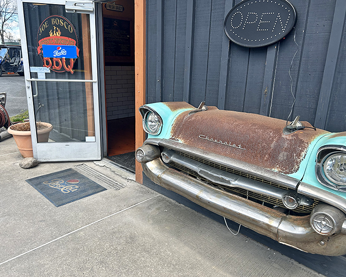 A closer look at that magnificent Chevy front end &ndash; automotive history meets culinary artistry. This place understands presentation starts before you even walk through the door.
