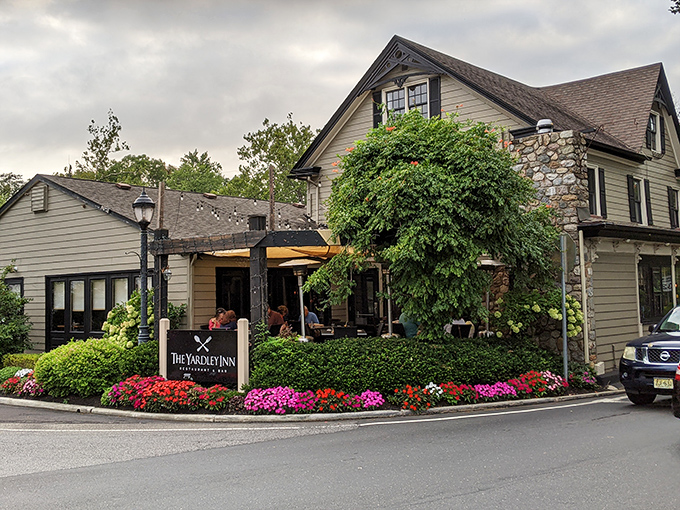 Stone meets clapboard in this picturesque corner of Yardley, where vibrant flowers frame a restaurant that's stood the test of time.