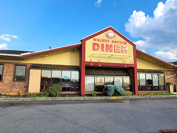 The classic red-trimmed exterior of Walnut Bottom Family Diner stands like a beacon of hope for hungry travelers. Pennsylvania's answer to the age-old question: "Where should we eat?"