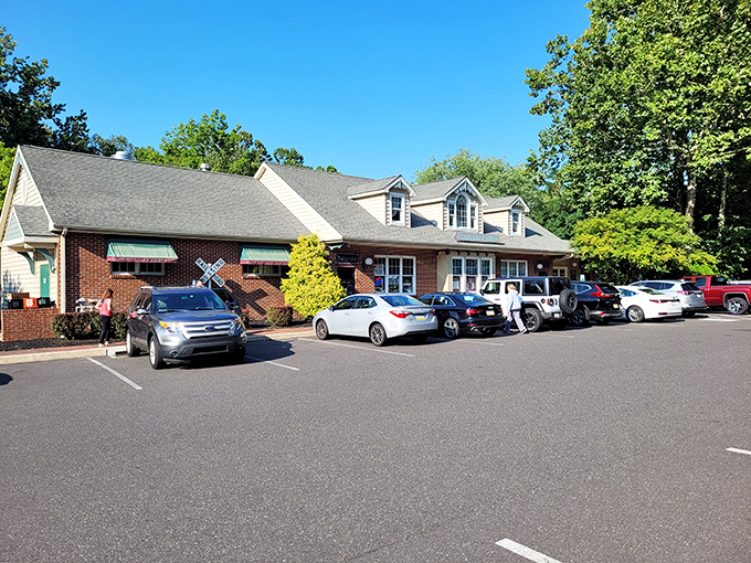 Bathed in daylight, Moccia's brick-and-siding fa&ccedil;ade offers a welcoming sight for lunch-goers. That packed parking lot? The universal sign of "you've found the good stuff."