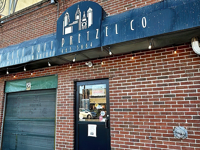 A closer look at pretzel paradise &ndash; where the Philadelphia skyline logo hints at the local treasure you're about to experience.