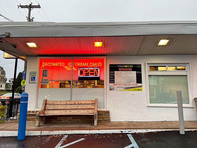 The neon glow of "OPEN" against a twilight sky&mdash;nature's way of saying it's officially ice cream o'clock in Philadelphia.