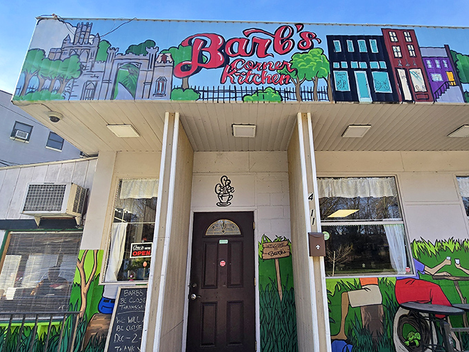 The unassuming exterior of Barb's Corner Kitchen, with its colorful Pittsburgh rowhouse mural, proves that culinary treasures often hide in plain sight.