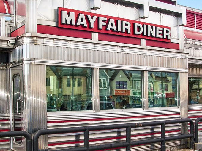 The gleaming stainless steel exterior of Mayfair Diner stands as a shining beacon of breakfast hope on Frankford Avenue, promising comfort food and nostalgia in equal measure.
