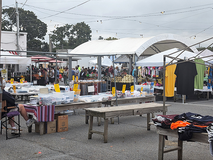 The treasure hunt begins under white canopy tents, where one person's castoffs become another's prized possessions. Every table tells a different story.