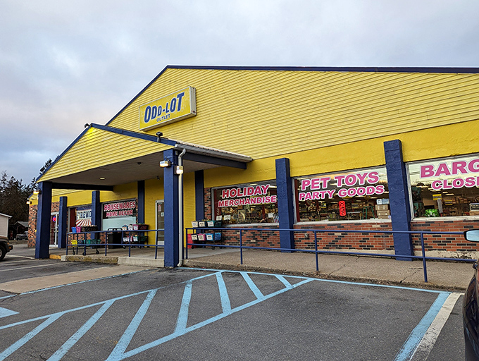 The sunshine-yellow exterior of Odd-Lot Outlet stands like a beacon of bargains in Tannersville, promising treasures within those bright walls.