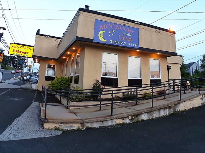 The iconic blue sign with its dreamy crescent moon beckons hungry travelers like a lighthouse for the breakfast-deprived.