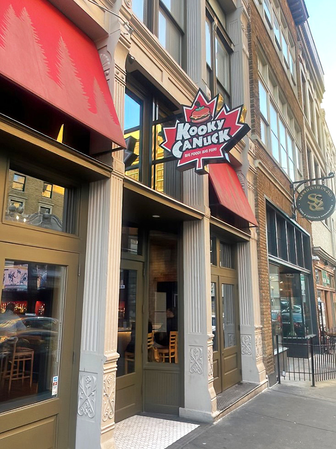 The iconic maple leaf sign beckons hungry travelers like a Canadian lighthouse guiding ships to caloric salvation.