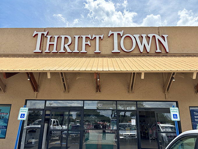The iconic Thrift Town sign welcomes treasure hunters under the bright Texas sky. A retail adventure awaits behind those glass doors.