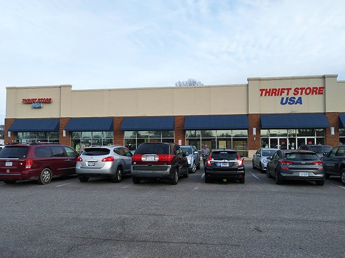 The red and blue signage beckons like a patriotic bat signal for bargain hunters. Welcome to the mothership of secondhand treasures in Norfolk!
