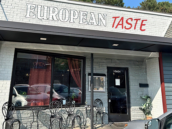 Another angle of European Taste's exterior, where those wrought iron chairs seem to whisper, "Sit down, stay awhile, and prepare for a Romanian flavor adventure."