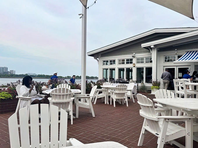 The patio at Harbor House offers front-row seats to Milwaukee's skyline drama, where white Adirondack chairs invite you to savor both seafood and scenery.