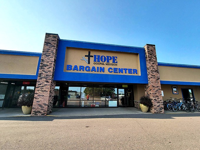 The bright blue facade of Hope Gospel Mission Bargain Center stands like a beacon for bargain hunters&mdash;Wisconsin's thrift paradise awaits behind those doors.