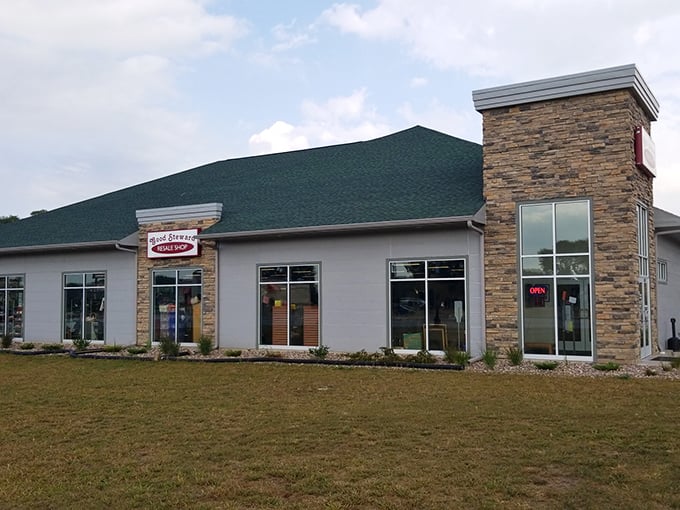 The modern stone facade and distinctive green roof of Good Steward Resale Store stand out in La Crosse like a beacon for bargain hunters.