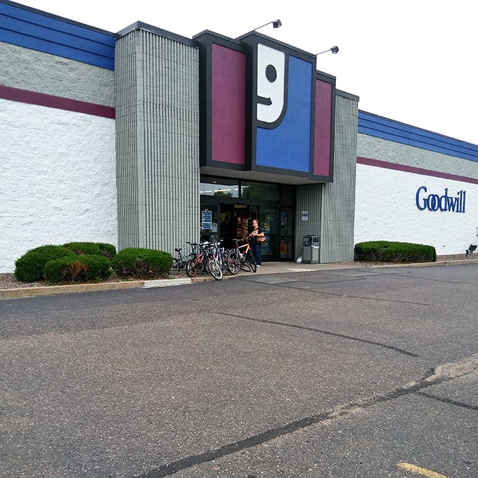 The iconic smiling "g" logo welcomes treasure hunters to this thrift paradise, where yesterday's discards await their second chance at greatness.