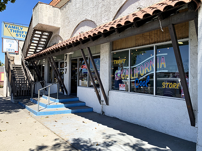 The Spanish-style facade of California Cool beckons with its bright blue steps and colorful window display &ndash; thrift store treasure hunting elevated to an art form.