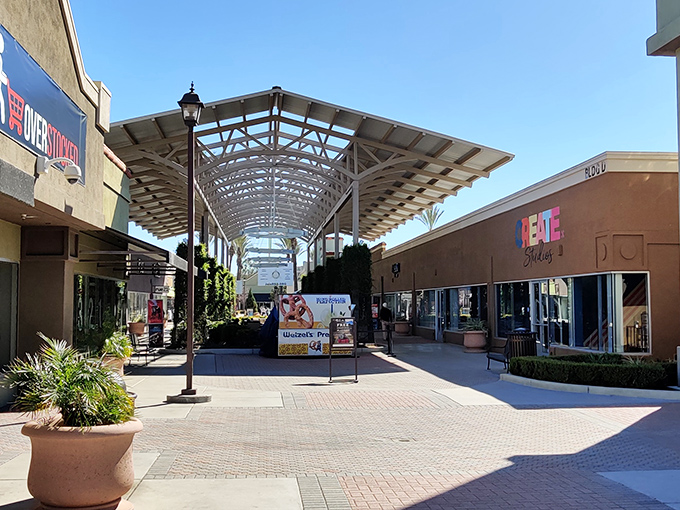 Covered walkways that actually make sense! Shop in comfort while California's sunshine filters through, creating the perfect shopping microclimate.