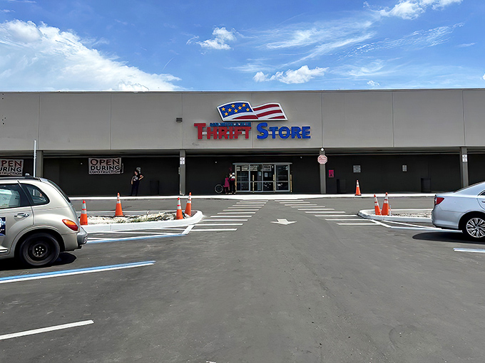 The patriotic storefront sets the stage for bargain-hunting adventures, where thrifty treasures await beyond the doors.