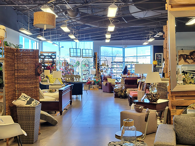 Amanda's Exchange stands out against the bright blue Indiana sky, promising treasure hunters a stylish sanctuary for secondhand scores.