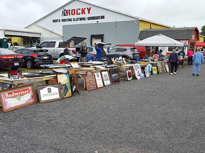 The Rocky building stands as the flea market's North Star, guiding treasure hunters to a wonderland of vintage signs and unexpected finds.