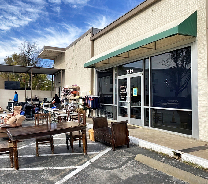The unassuming exterior of Genesis Benefit Thrift Store hides a treasure trove within. Like finding a secret portal to bargain heaven in plain Dallas daylight.