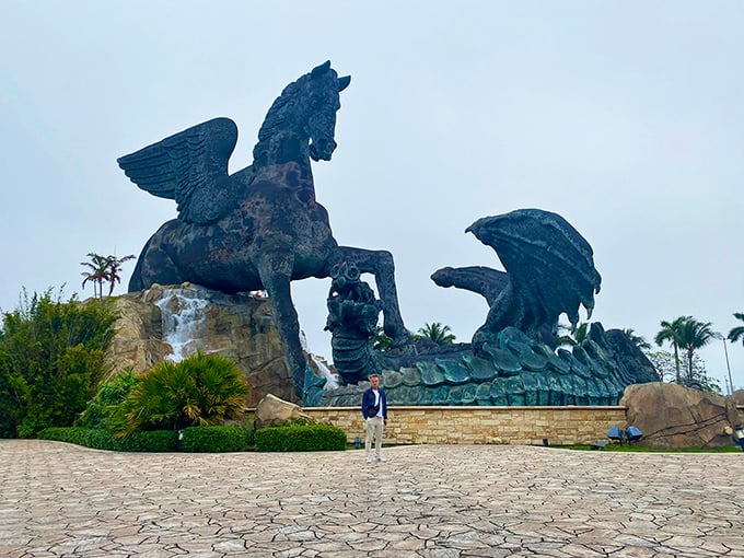 When mythology meets South Florida suburbs, you get this spectacular showdown frozen in bronze forever.