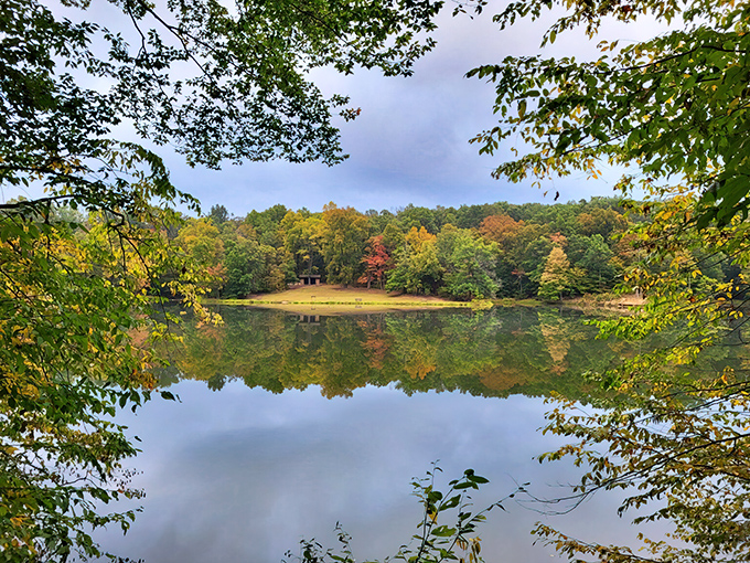 Mirror, mirror on the lake &ndash; autumn's masterpiece doubles its impact with a perfect reflection that makes you wonder which way is up.