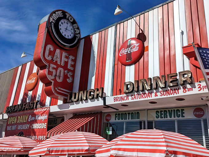 The neon-lit facade of Cafe 50's stands as a technicolor time portal on Santa Monica Boulevard, beckoning hungry time travelers with its vintage charm.