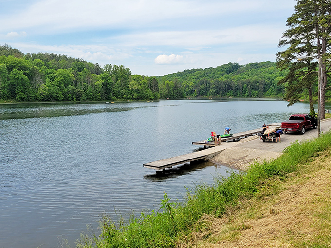 Lake Hope's pristine waters mirror the surrounding hills like nature's own high-definition television screen.