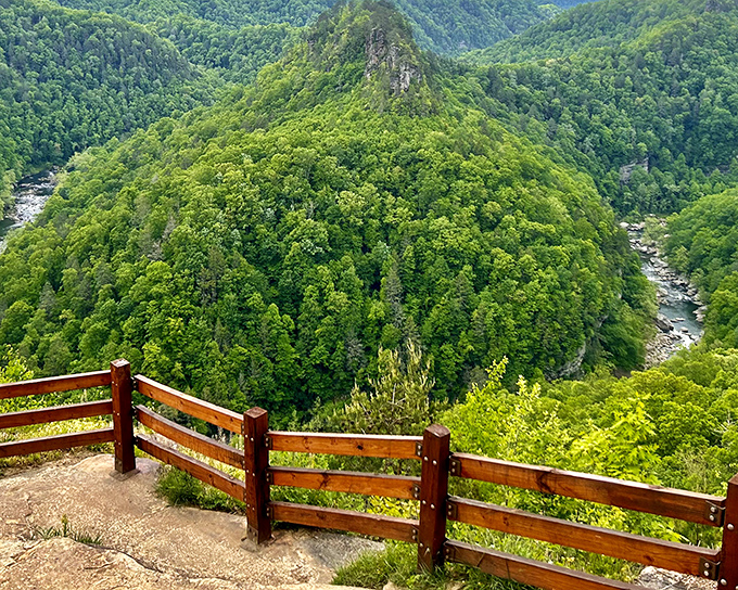 The aptly named "Grand Canyon of the South" stretches before you, a verdant sea of trees split by the Russell Fork River. Nature's architecture at its finest.