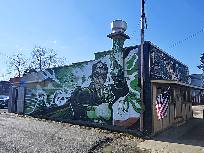 The vibrant mural adorning Green Lantern's exterior isn't just eye-catching&mdash;it's your beacon to breakfast paradise in Toledo. American flag included, no passport required!