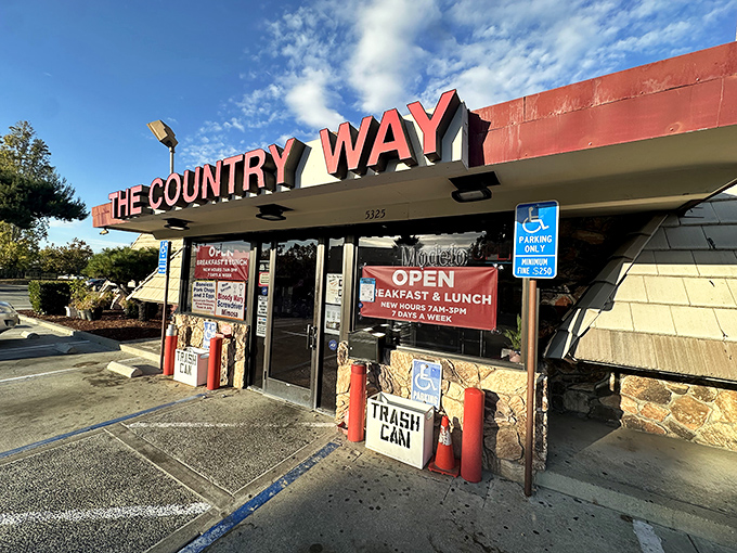 The iconic red signage of Country Way stands as a beacon of breakfast hope in Fremont. No fancy frills, just the promise of honest-to-goodness comfort food.