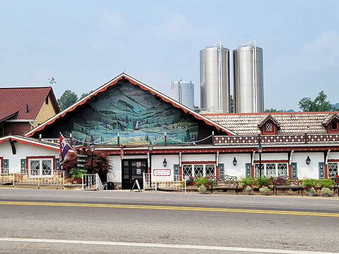 The Swiss-inspired architecture of Guggisberg Cheese stands proudly against Ohio's blue sky, complete with a clock tower that seems to say, "It's always cheese o'clock here!"