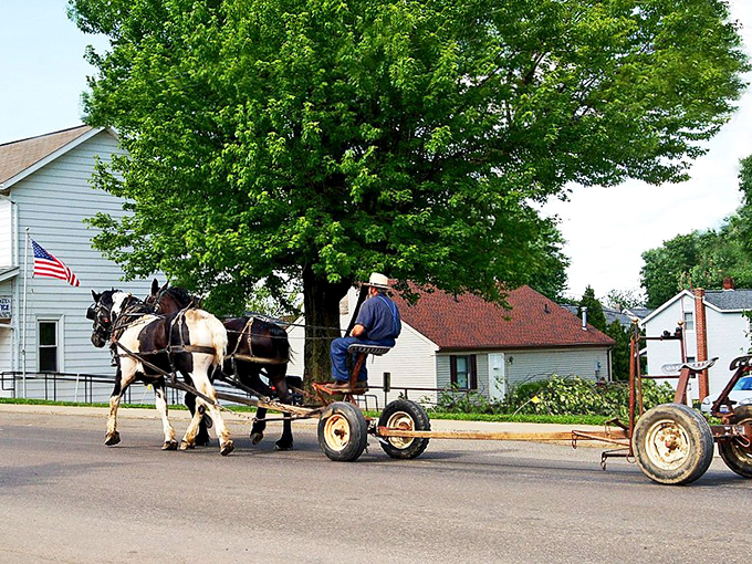 Where time slows down and horsepower takes on its original meaning. A perfect snapshot of everyday Amish transportation against the backdrop of small-town America.