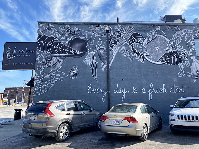 The striking mural on Freedom a la Cart's exterior promises "Every day is a fresh start" &ndash; both for diners and those the caf&eacute; supports.