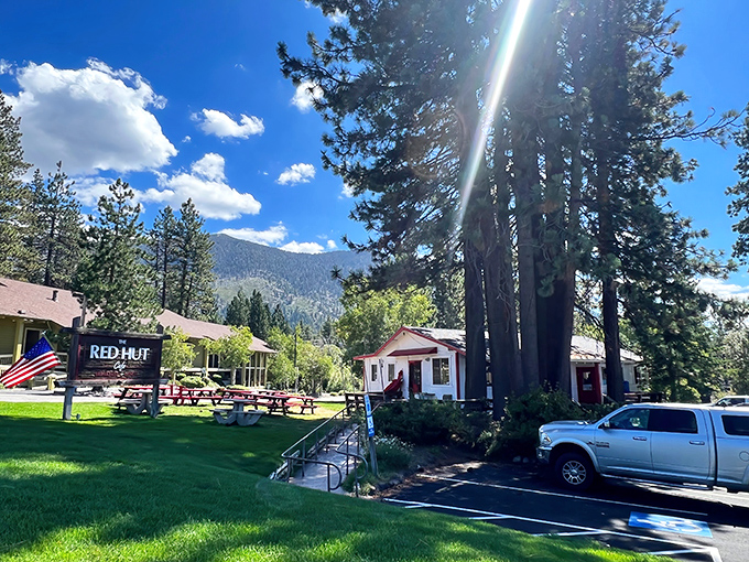 Nestled among towering pines, Red Hut Caf&eacute;'s unassuming exterior belies the culinary treasures within. Motorcyclists already know the secret.