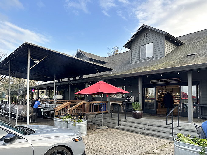 Lombardi's rustic exterior welcomes hungry travelers with its covered patio and wooden charm. BBQ paradise doesn't always wear a fancy dress.