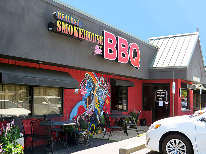 Memphis meets Michigan at this red-and-black barbecue beacon, where the colorful mural hints at the flavor explosion waiting inside.