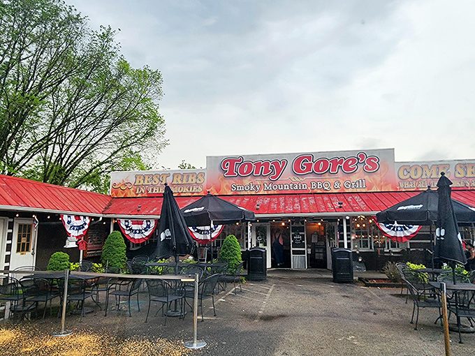 The iconic red roof and welcoming facade of Tony Gore's promises smoky delights within. "Never trust a skinny cook" isn't just a slogan&mdash;it's barbecue philosophy.