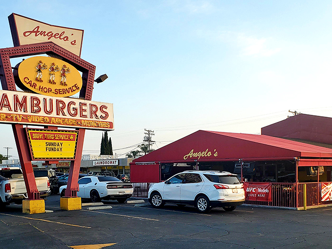 Angela&rsquo;s retro sign and bold red awning set the stage for a true old-school burger experience in Anaheim.