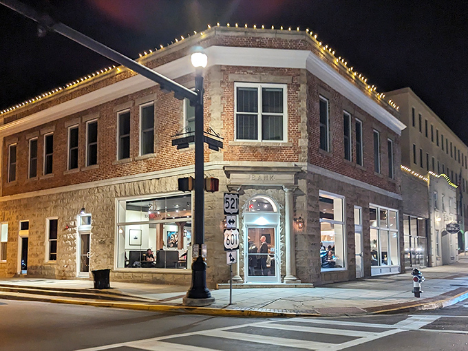 At night, the illuminated exterior of B. Colson's beckons hungry travelers like a lighthouse guiding ships to delicious harbor.
