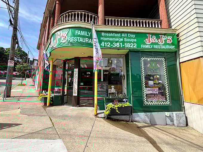 J & J's green exterior stands out in the neighborhood, hiding culinary treasures within. A true local fixture that&rsquo;s weathered decades of change.