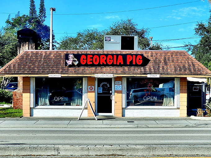 The iconic Georgia Pig sign has been beckoning hungry travelers since 1953. Some landmarks need neon and flash&mdash;this one just needs smoke signals.