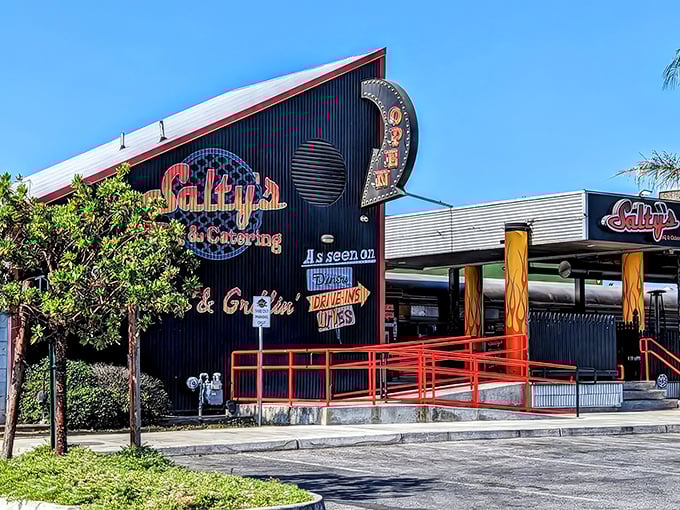 The unassuming exterior of Salty's BBQ proves once again that the best barbecue joints often hide in plain sight, like culinary speakeasies for the smoke-obsessed.