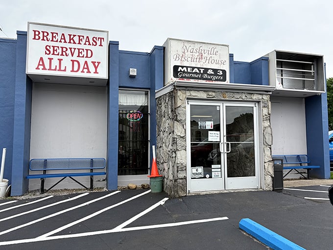 The blue exterior of Nashville Biscuit House promises little but delivers everything. Breakfast served ALL DAY might be the three most beautiful words in the English language.